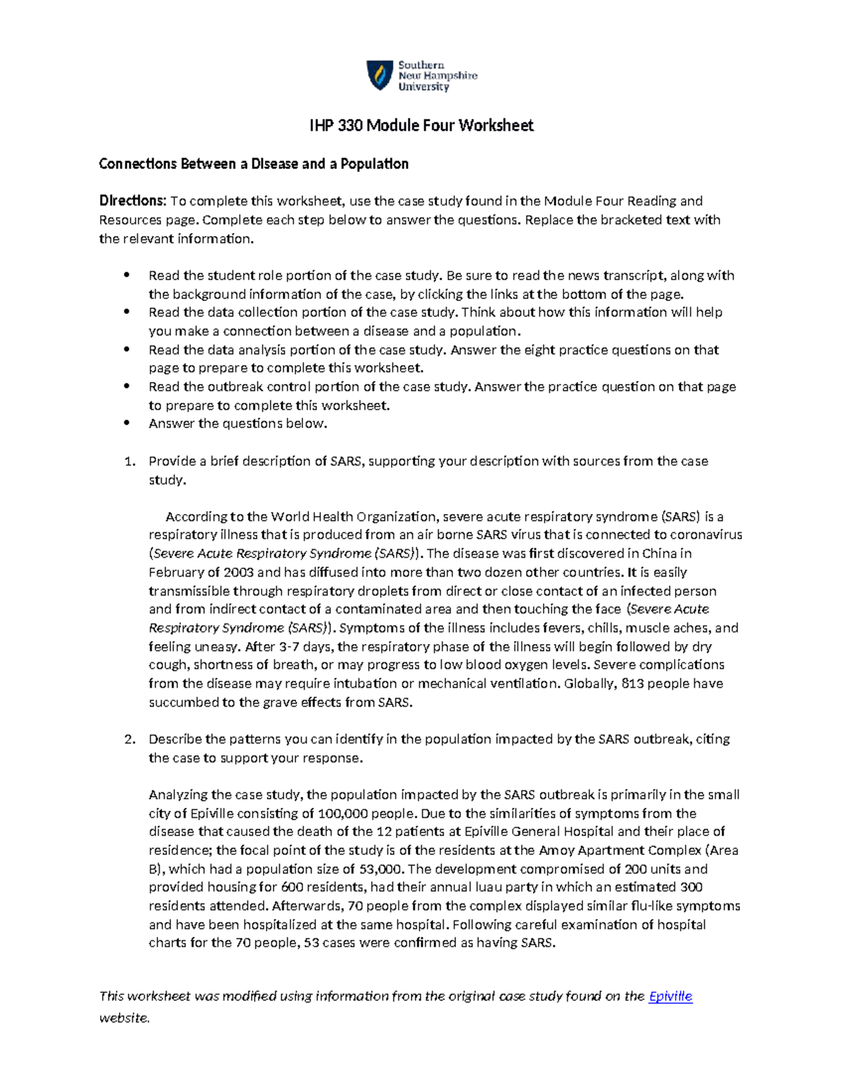IHP 330 Module Four Worksheet: Disease-Population Connections on SARS ...