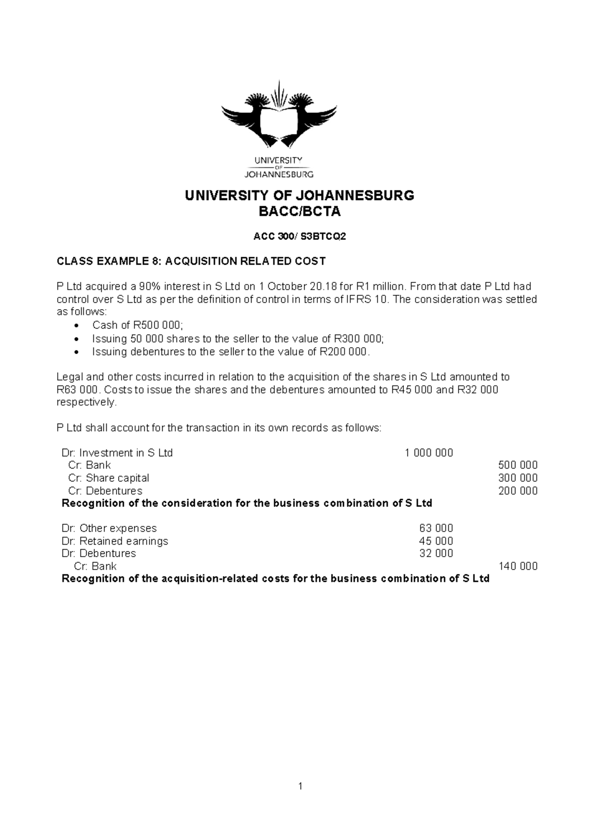 UNIVERSITY OF JOHANNESBURG ACC S3BTCQ2 WEEK 2 CLASS EXAMPLE 8 - Studocu