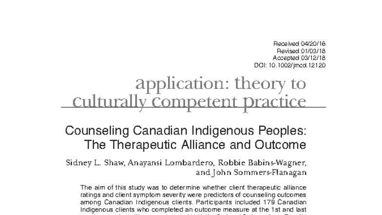 Counseling Outcomes Among Canadian Indigenous Peoples: The Role of ...