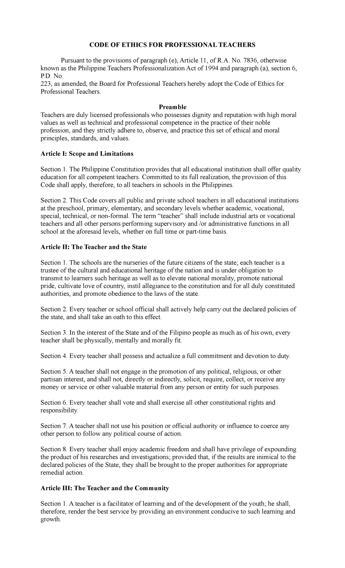 CODE OF ETHICS FOR PROFESSIONAL TEACHERS (R.A. No. 7836) - Studocu