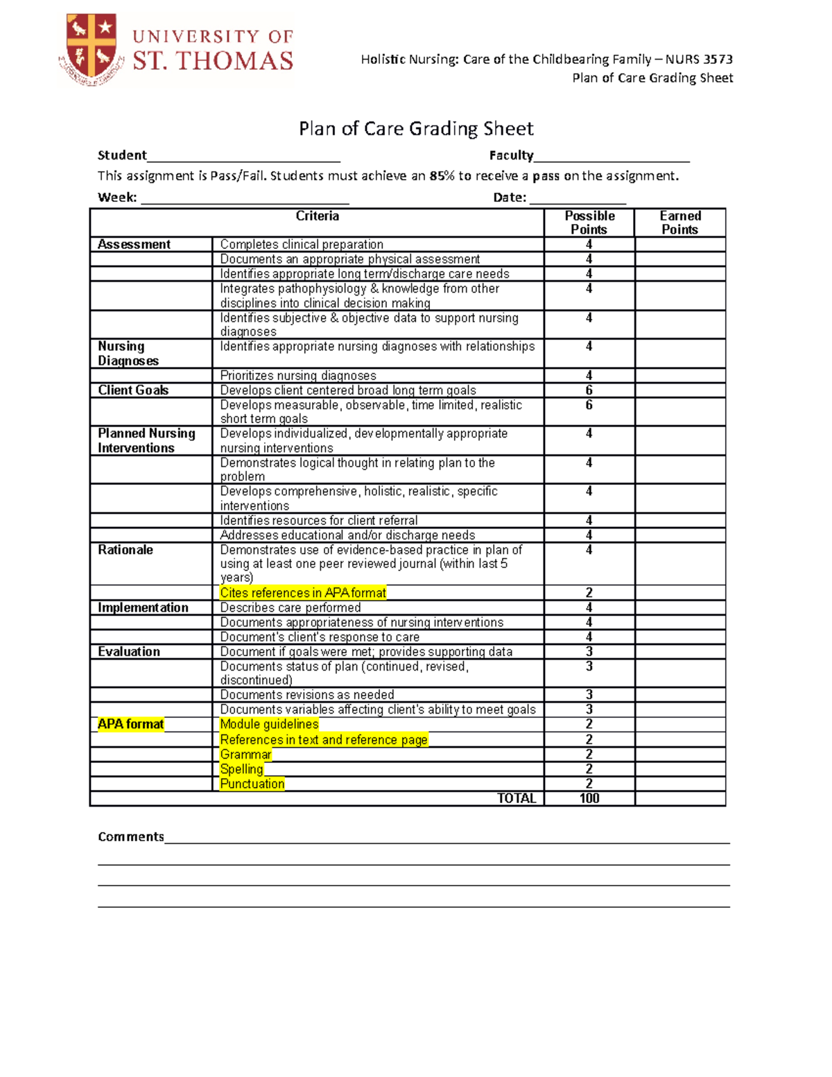 NURS 3573 Plan of Care Grading Sheet 2-5 - Holistic Nursing: Care of ...