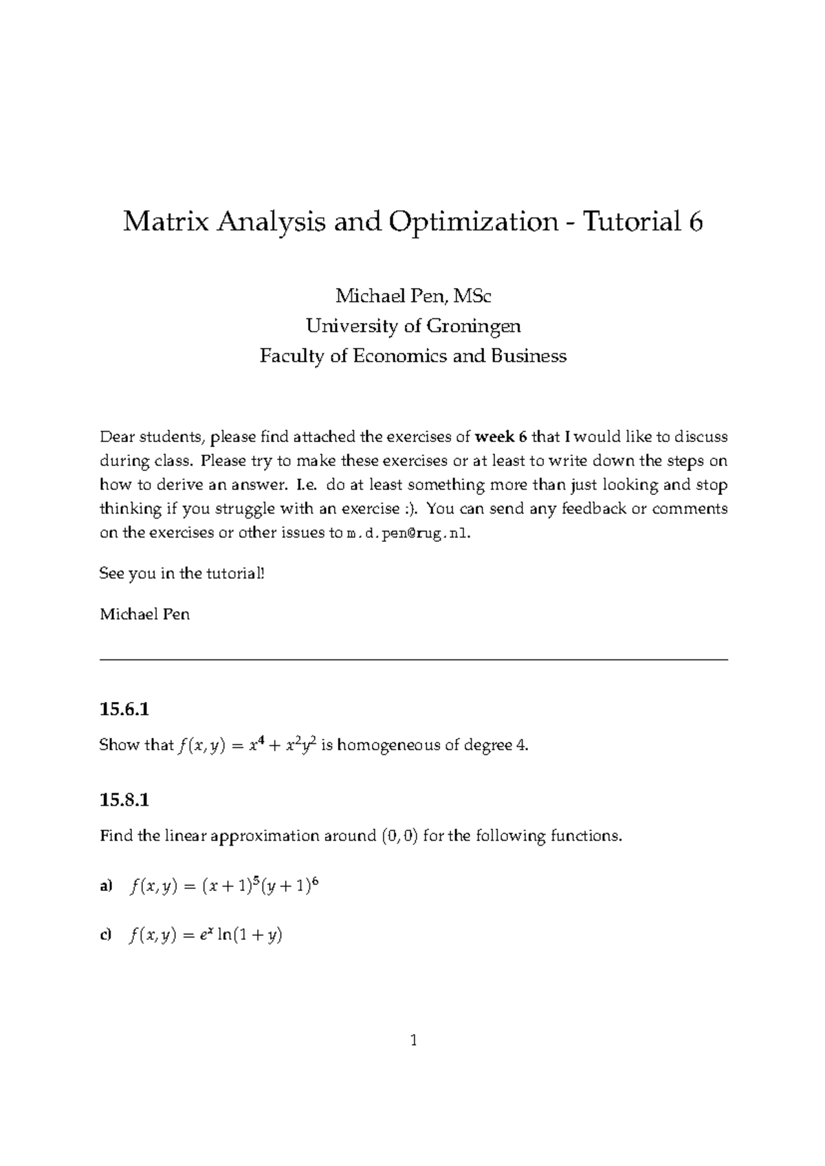Matrix Analysis & Optimization Tutorial 6 Exercises - Studeersnel