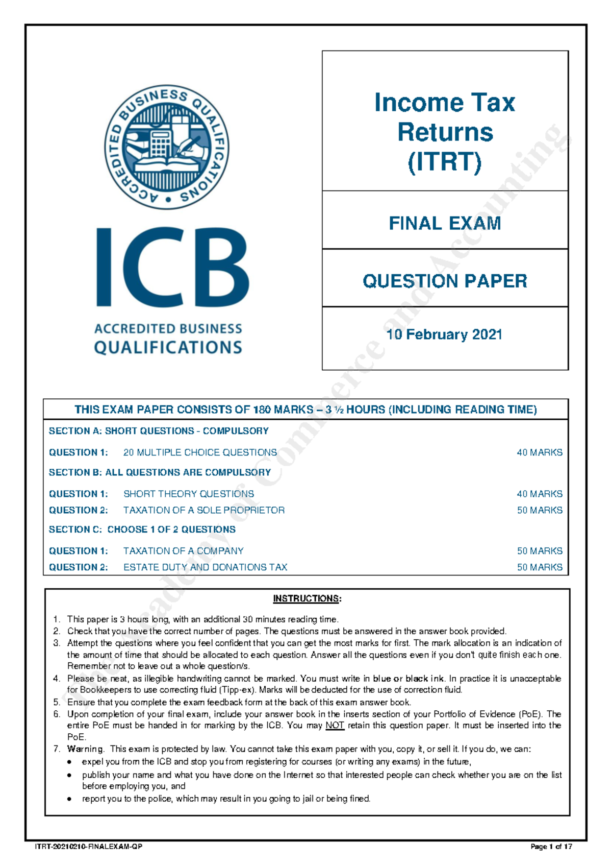 ITRT 20210210 Final Exam QP: Comprehensive Income Tax Assessment - Studocu