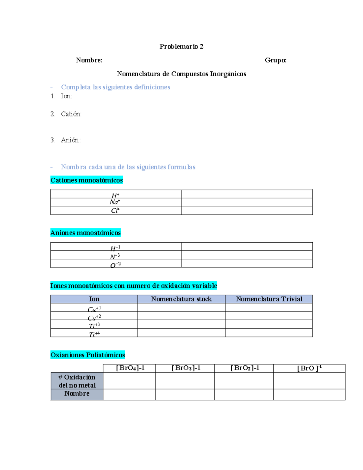 Problemario 2do Parcial: Nomenclatura de Compuestos Inorgánicos - Studocu