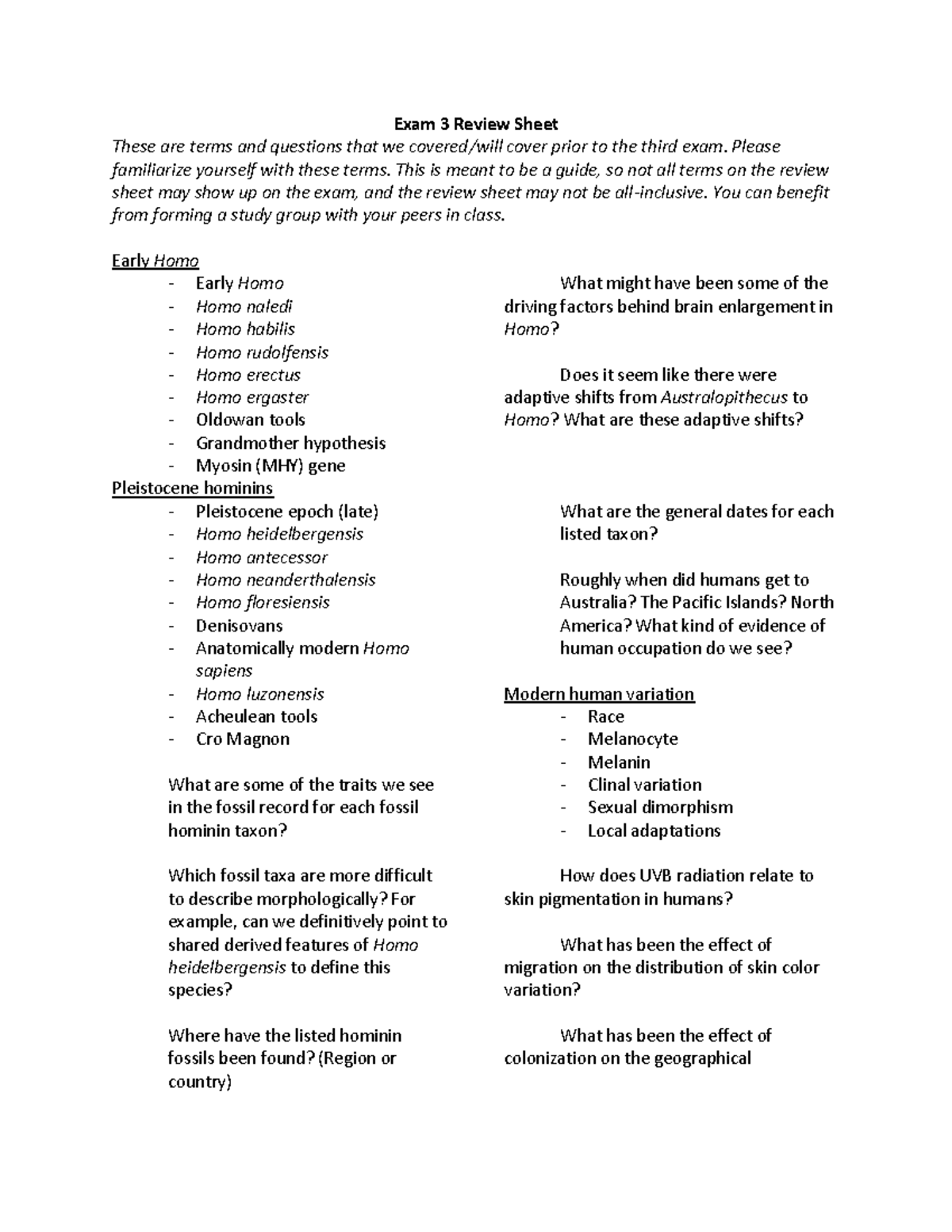 Exam 3 Review Sheet: Key Terms & Concepts in Human Evolution - Exam 3 ...