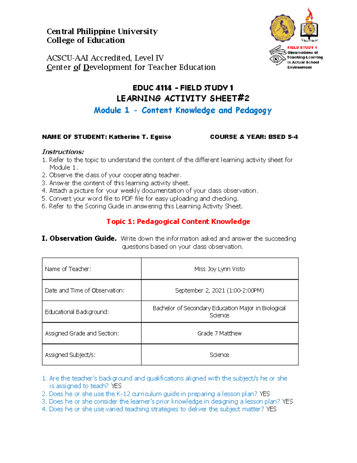 EDUC 4114 - Field Study 1 Learning Activity Sheet for Module 1 - Studocu