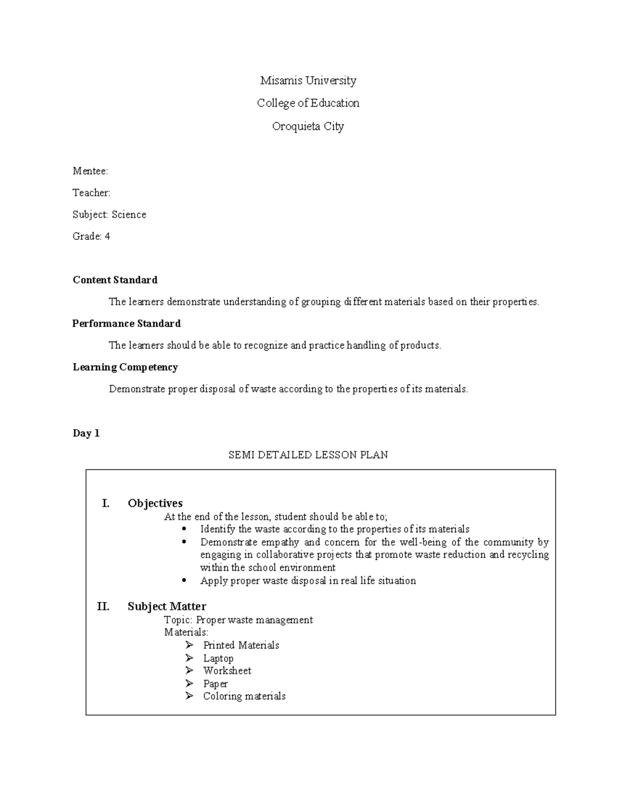 Educ 3A: Weekly Lesson Plan on Waste Management for Grade 4 Science ...