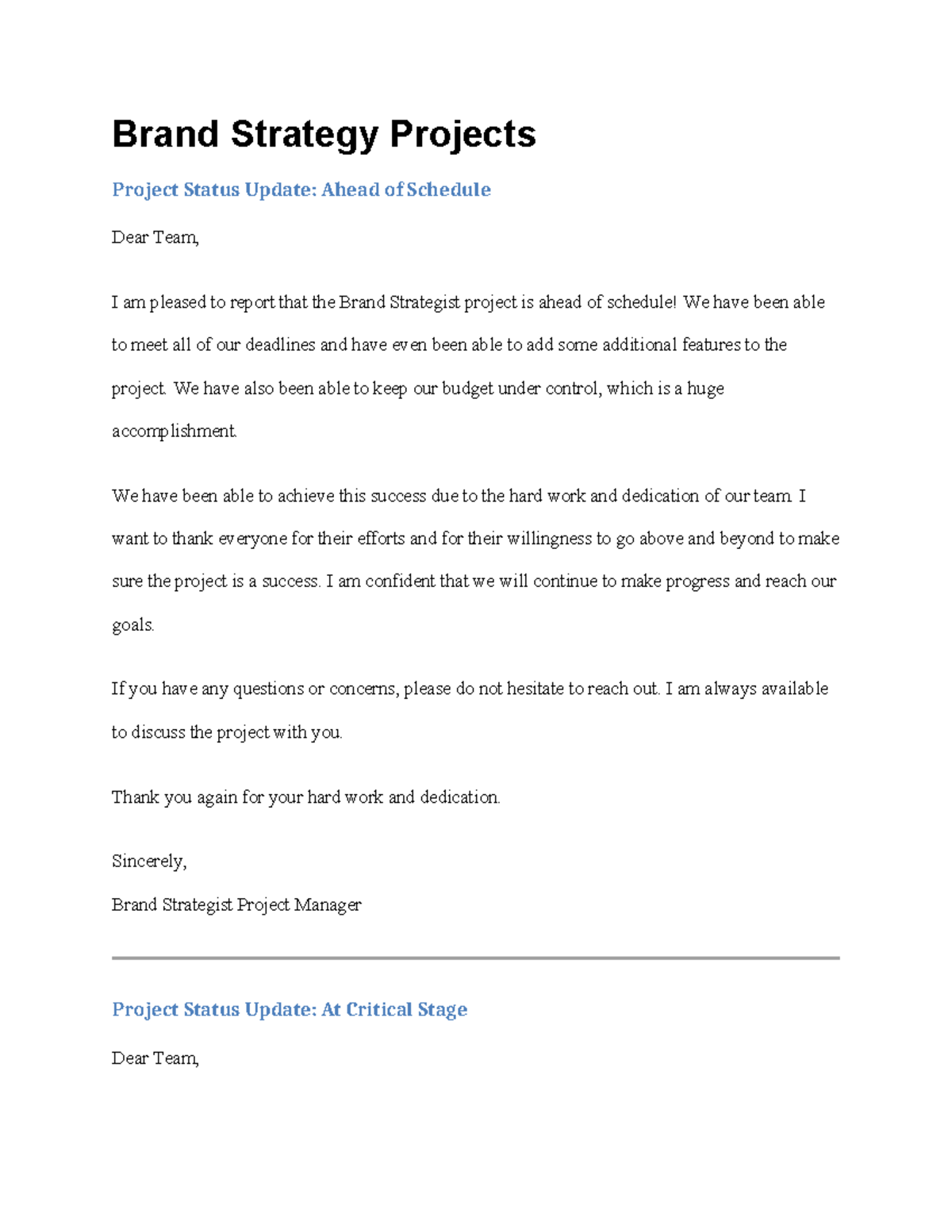 Brand Strategy Projects: Status Updates Overview - Studocu