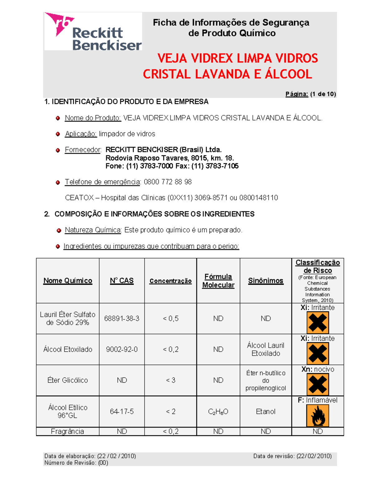 FISPQ - VEJA VIDREX LIMPA VIDROS CRISTAL LAVANDA E ÁLCOOL - Studocu