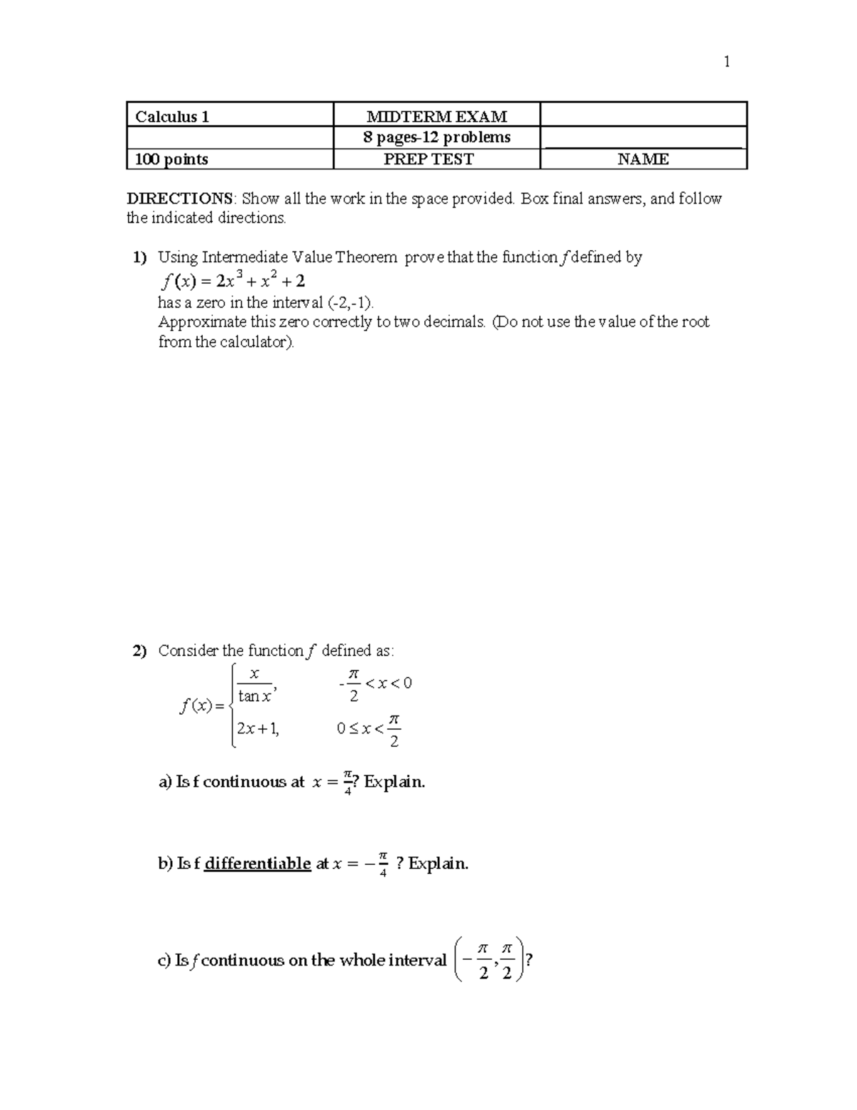 Calculus 1 MIDTERM EXAM Prep Test with 8 Problems and Solutions - Studocu