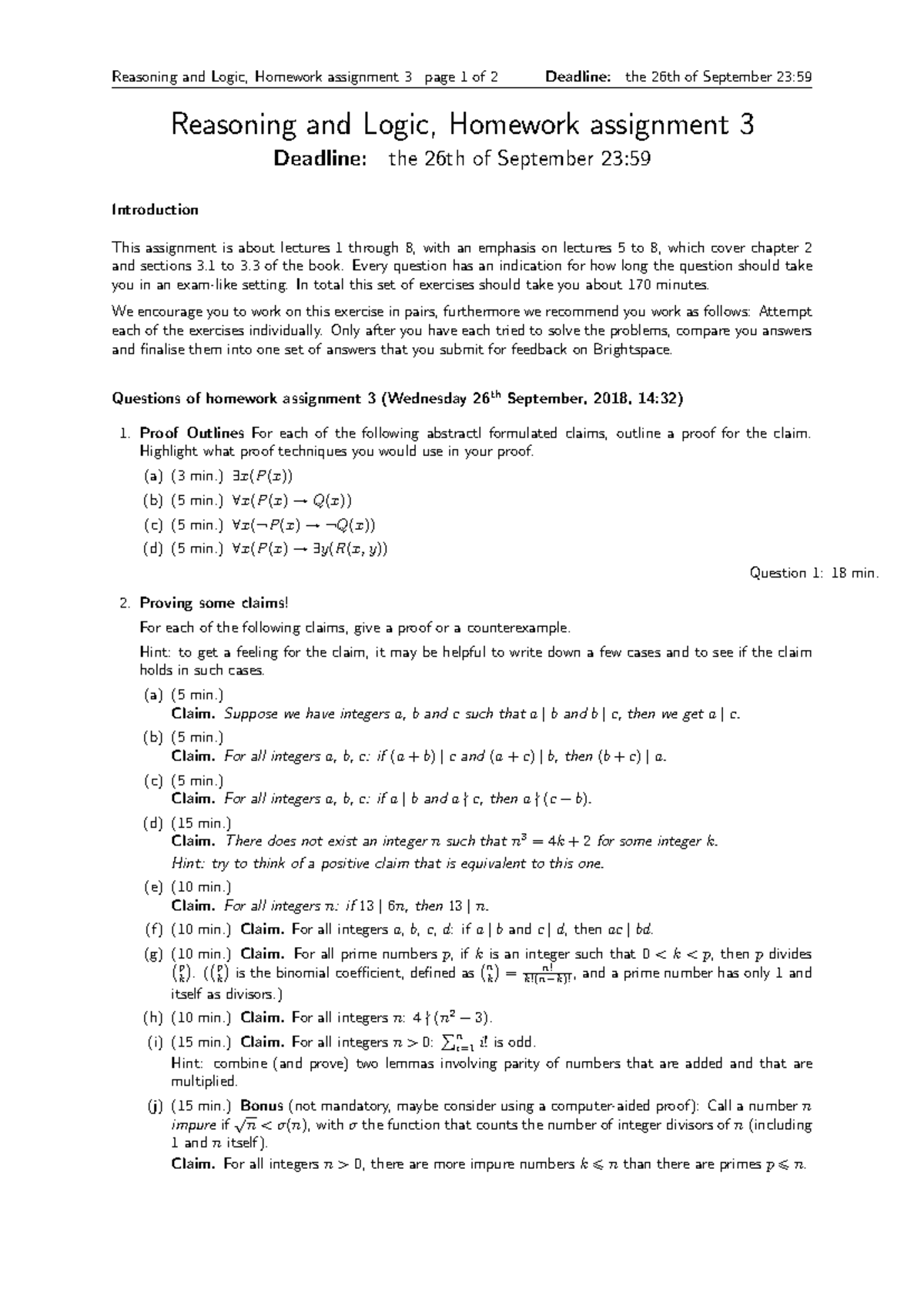 Reasoning and Logic Homework Assignment 3 (Due 26th Sept) - Studeersnel