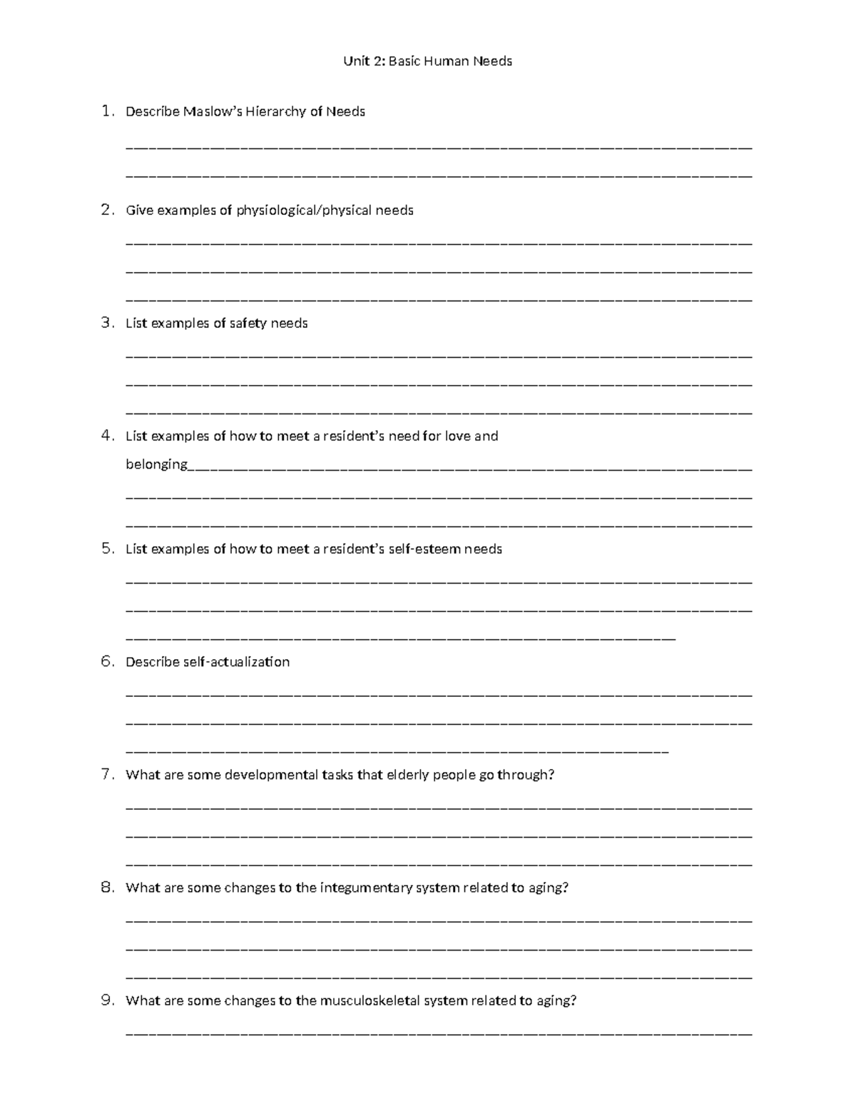 Unit 2: Understanding Basic Human Needs & Aging Changes - Studocu