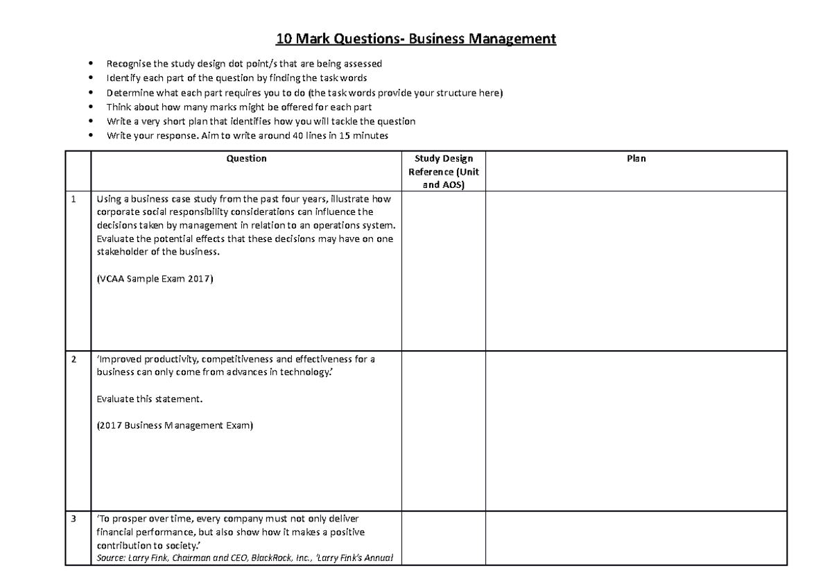 10 Mark Business Management Practice Questions for Exam Preparation ...