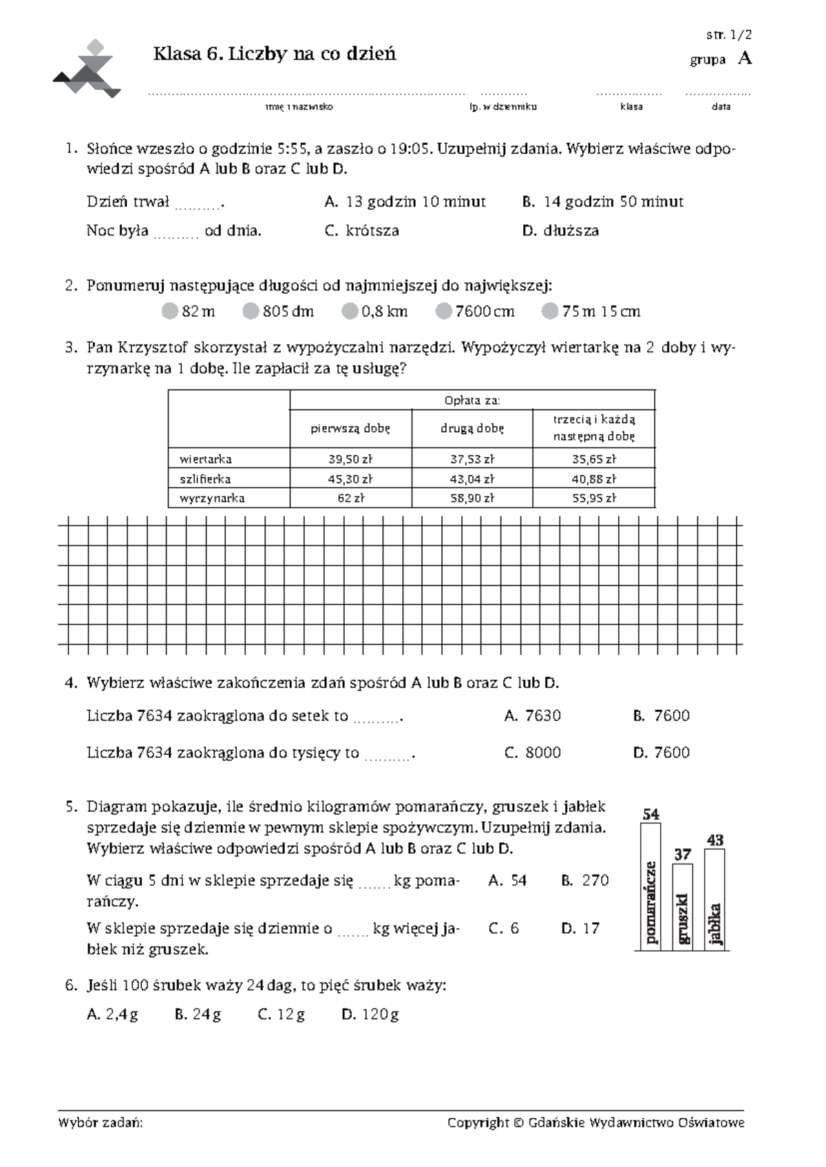 Klasa 6. Liczby na co dzień - Praca Klasowa Grupa A-F - Studocu