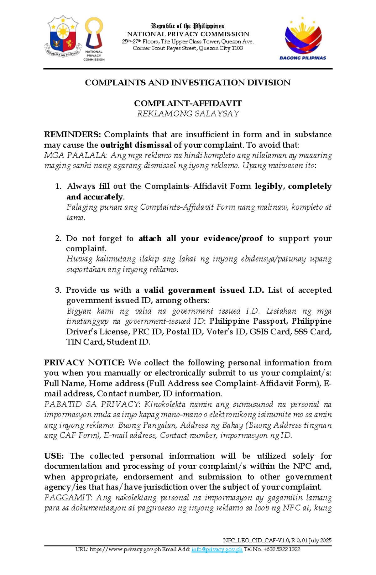 NPC_LEO_CID_CAF-V1.0: Complaint-Affidavit for Data Privacy Violations ...