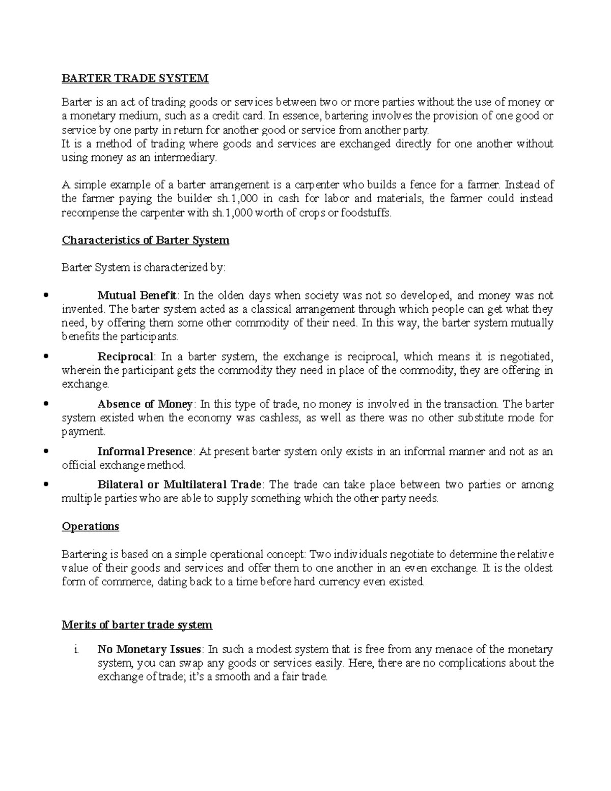 Introduction to the Barter Trade System - Barchelor's of Business ...