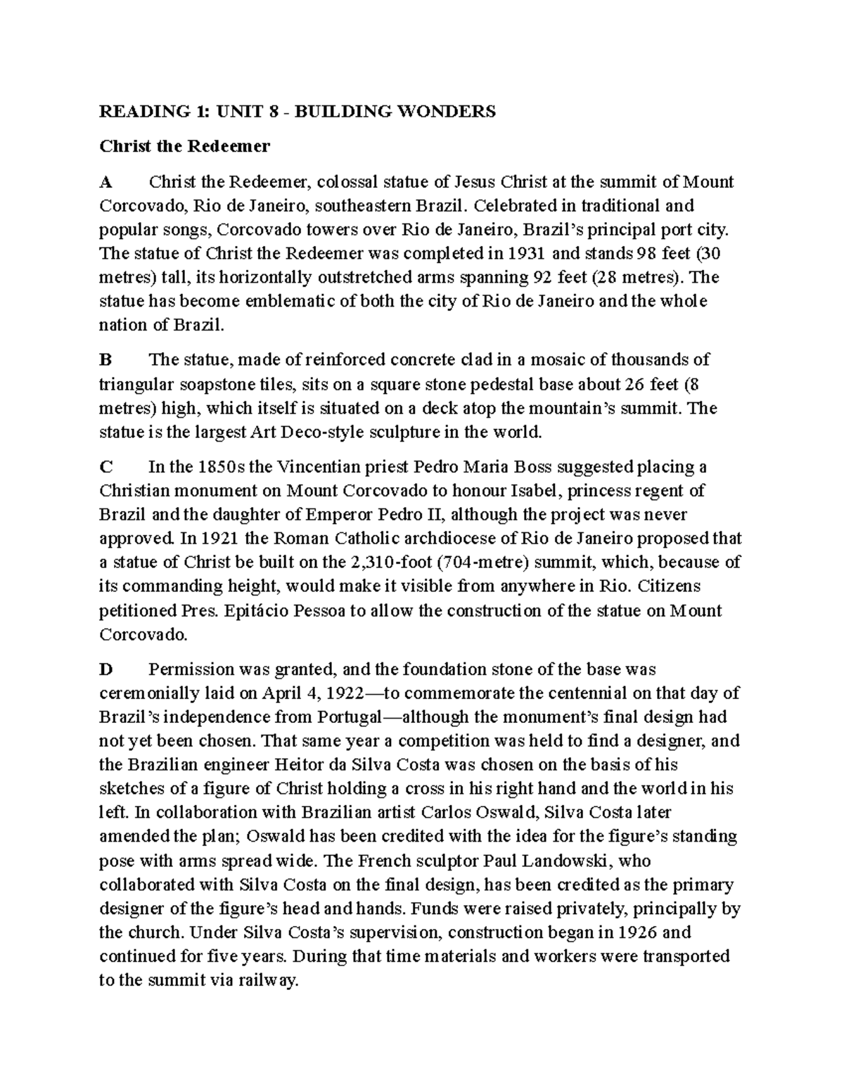 READING 1: UNIT 8 - CHRIST THE REDEEMER STATUE OVERVIEW - Studocu