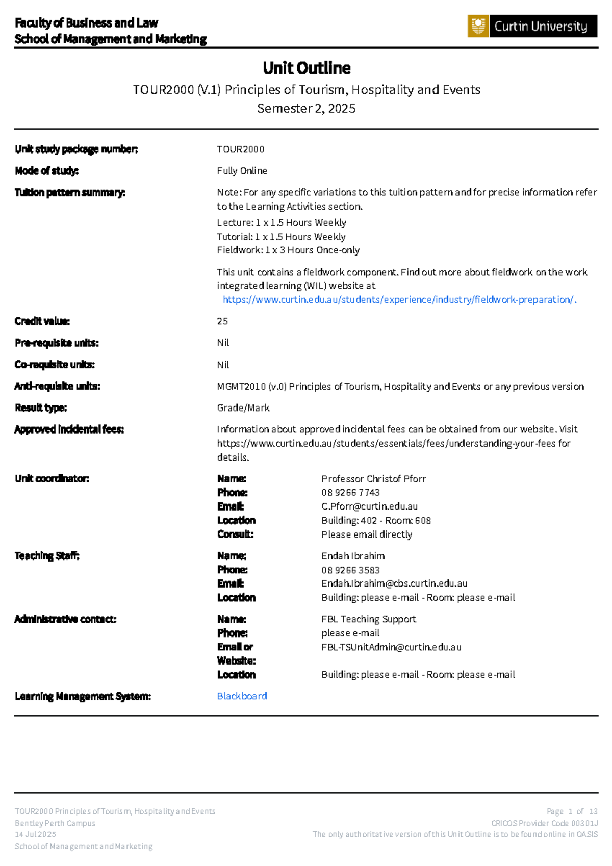 TOUR2000 Principles of Tourism, Hospitality and Events Unit Outline ...