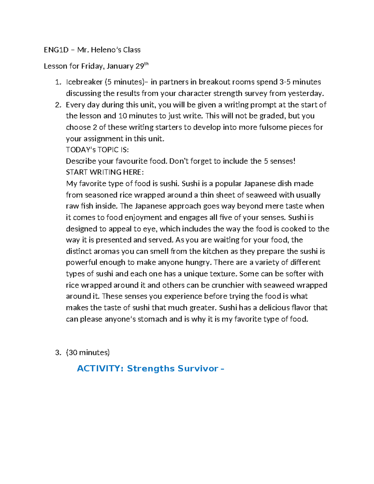 ENG1D Lesson: Character Strengths & Favorite Food Writing Activity ...