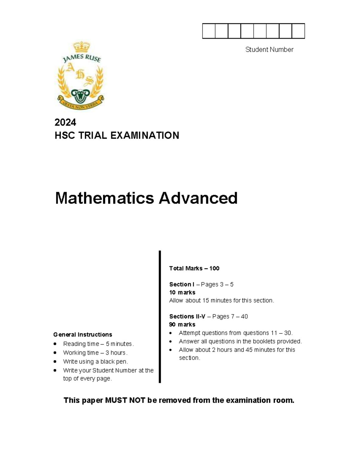 James Ruse Mathematics Adv HSC Trial 2024 Exam with Solutions - Studocu