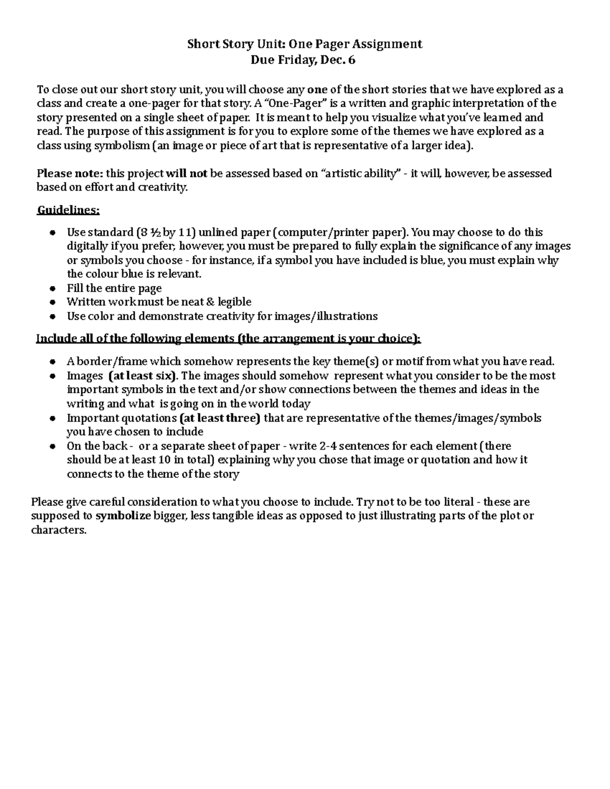 Short Story One-Pager Assignment Gr 11 - Short Story Unit: One Pager ...