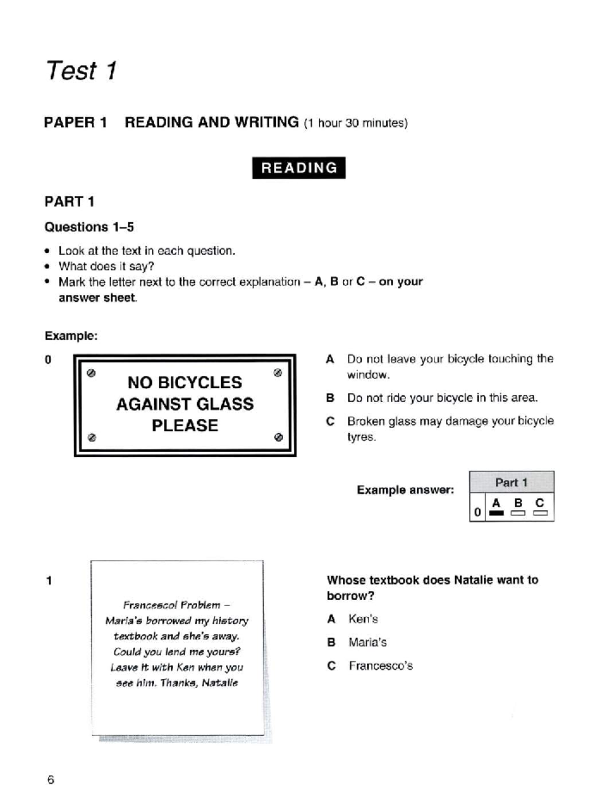 Reading 1 - Noi dung - Test 1 PAPER 1 READING AND WRITING (1 hour 30 ...
