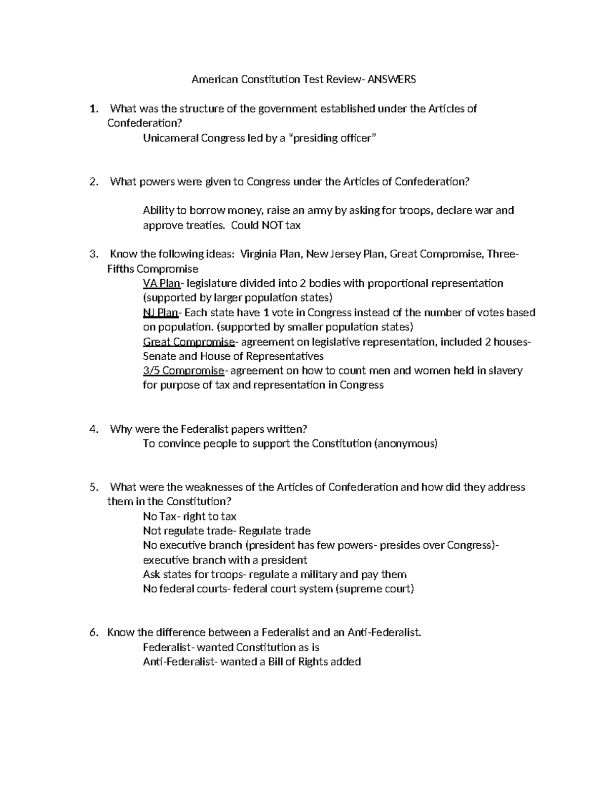 American Constitution Test Review- Answers - American Constitution Test ...