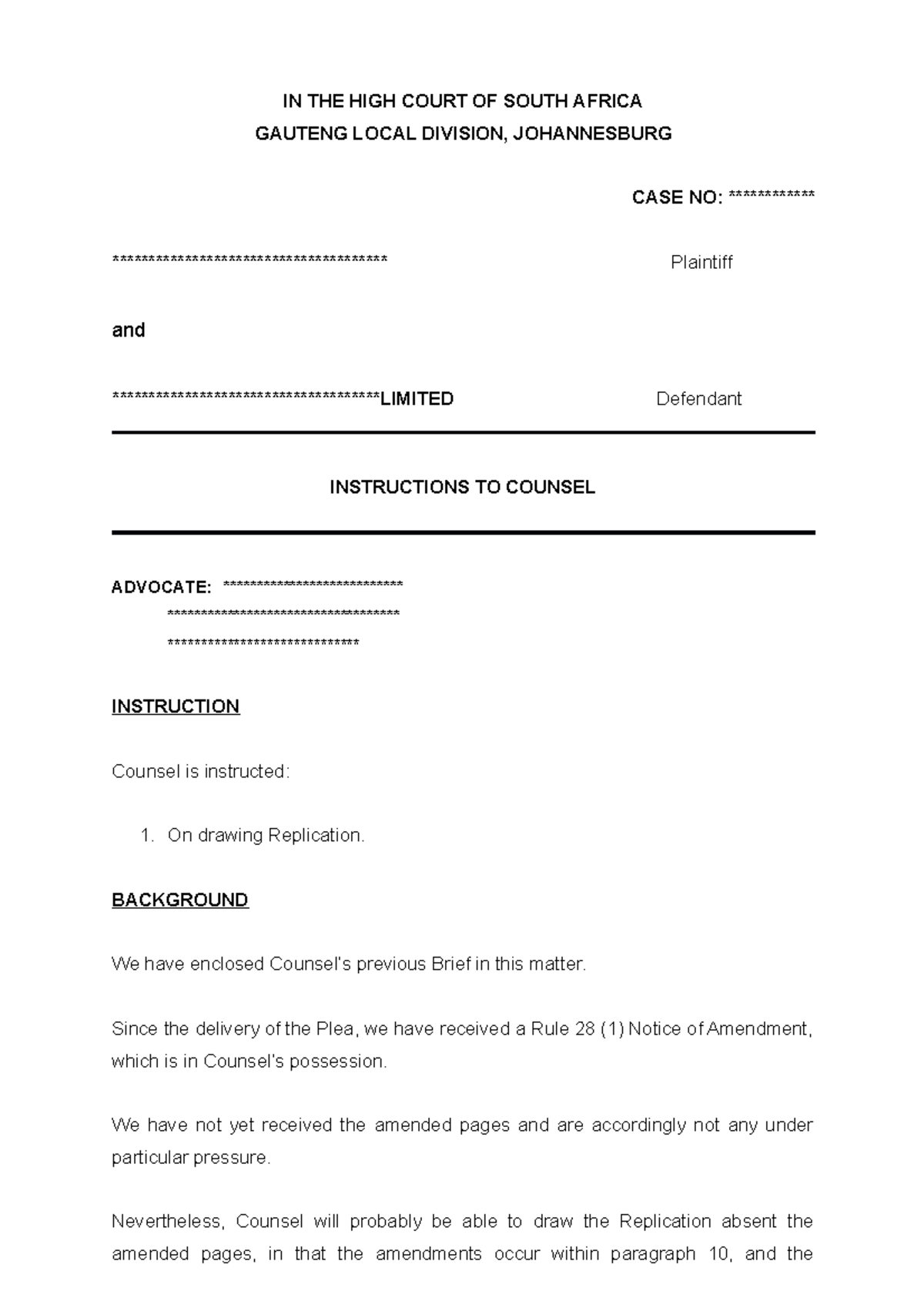 Brief to Counsel - Practical Work Instructions & Case Analysis - Studocu