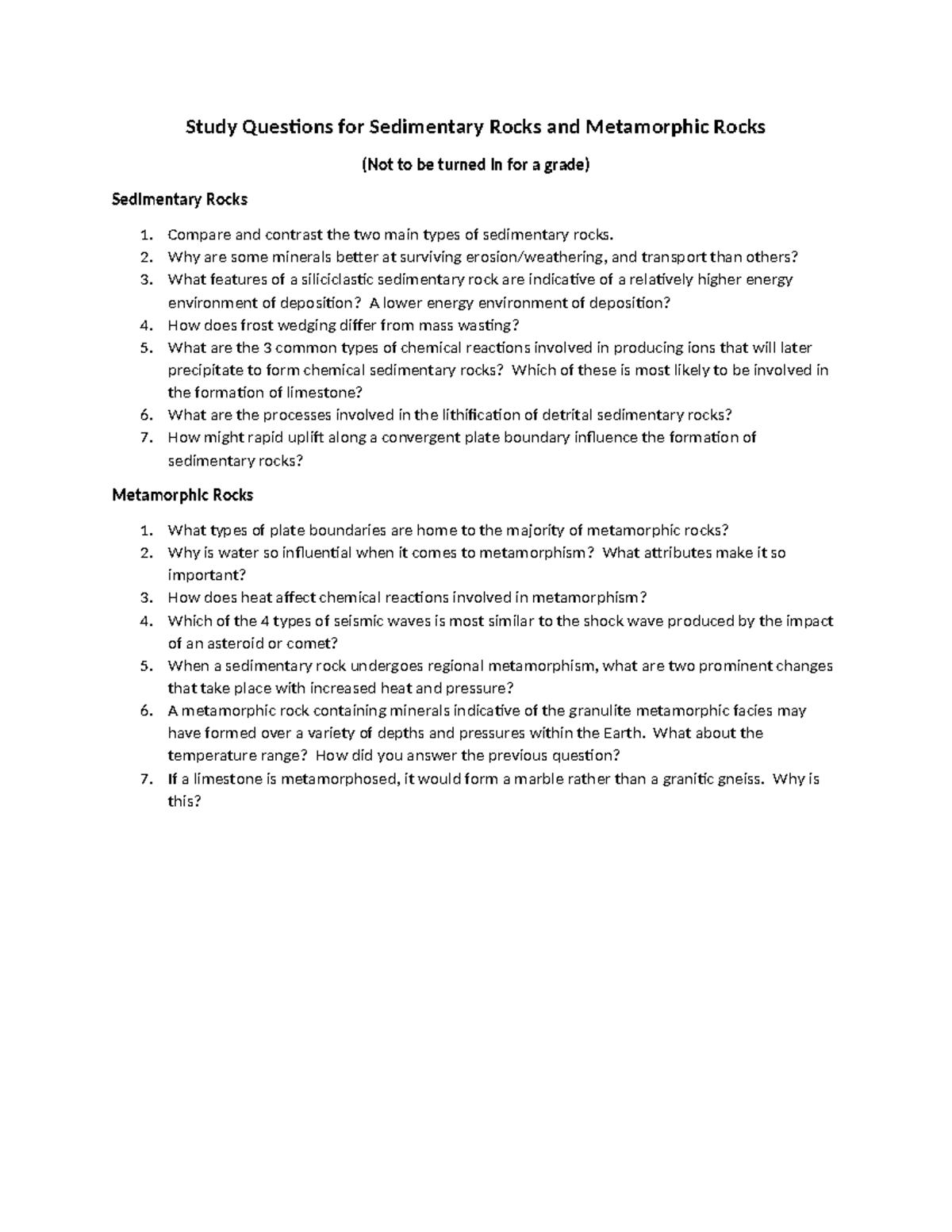 Study Questions for Geology: Sedimentary & Metamorphic Rocks - Studocu