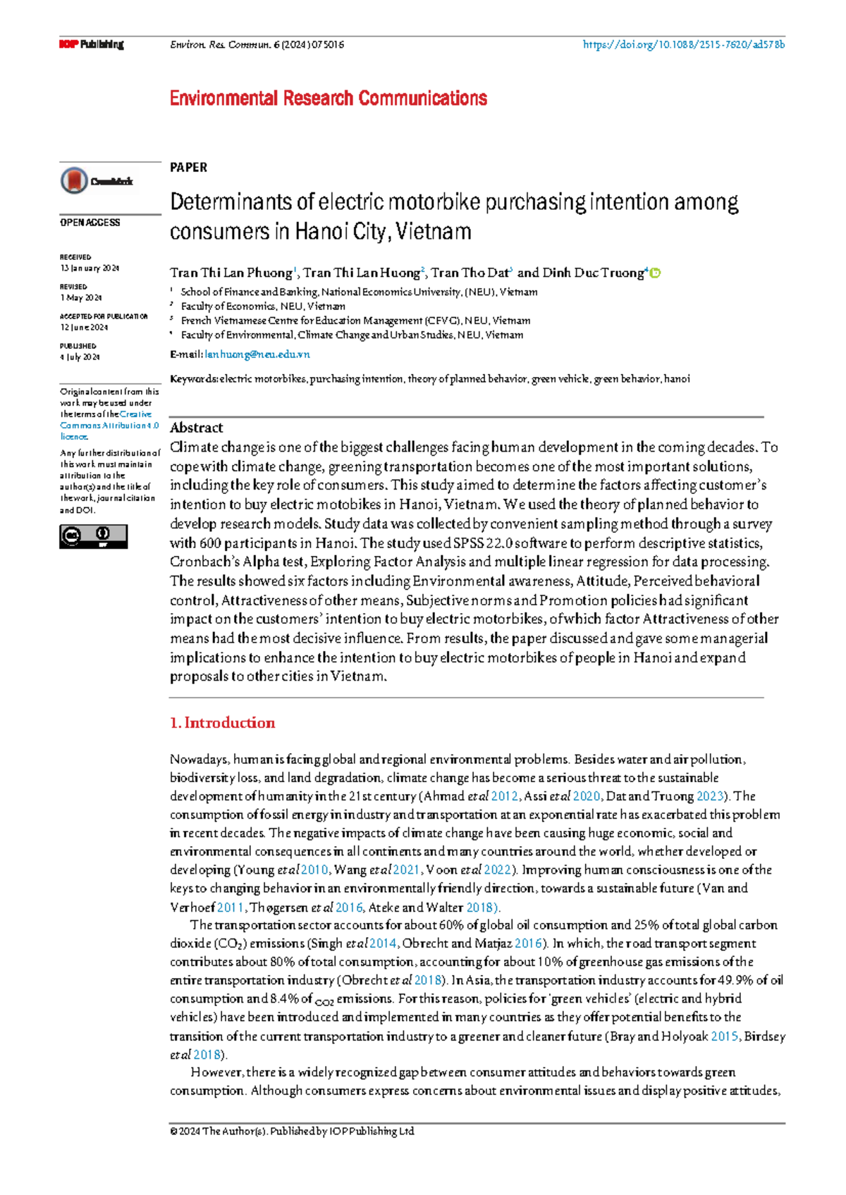 Determinants of Electric Motorbike Purchase Intention in Hanoi (ENV ...