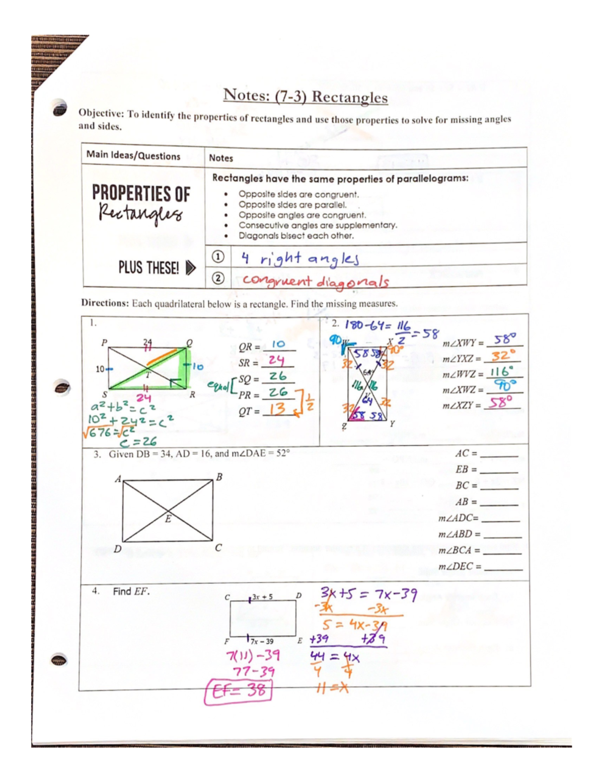 7-3 Notes - Properties of Rectangles - Notes: Rectangles Objective: To ...
