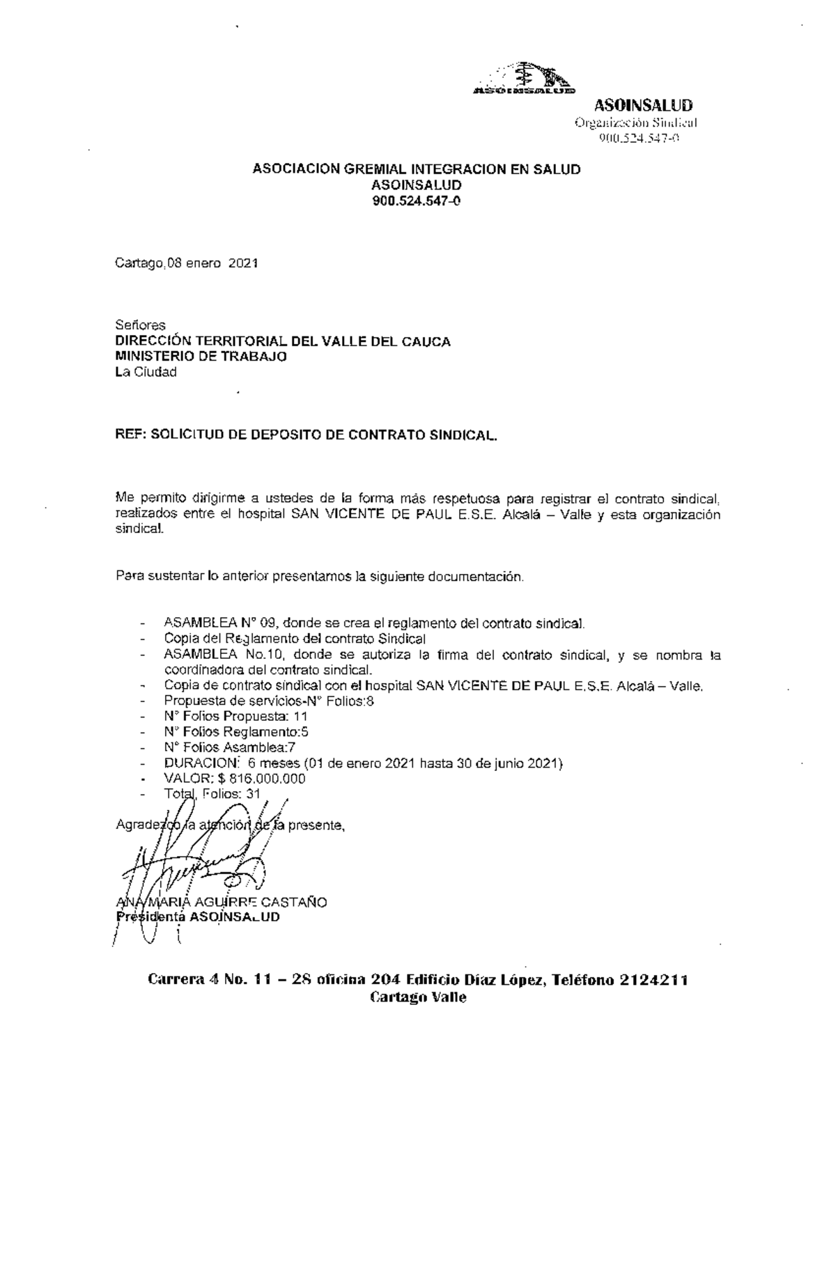 Deposito Contrato SAN Vicente DE PAUL, Alcala - sSNm ASOINSALUD ...