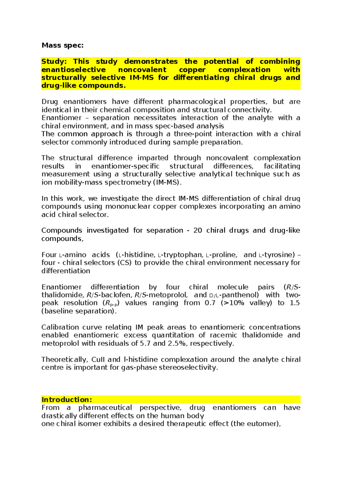 Mass Spec Study: Enantioselective Differentiation of Chiral Drugs Using ...