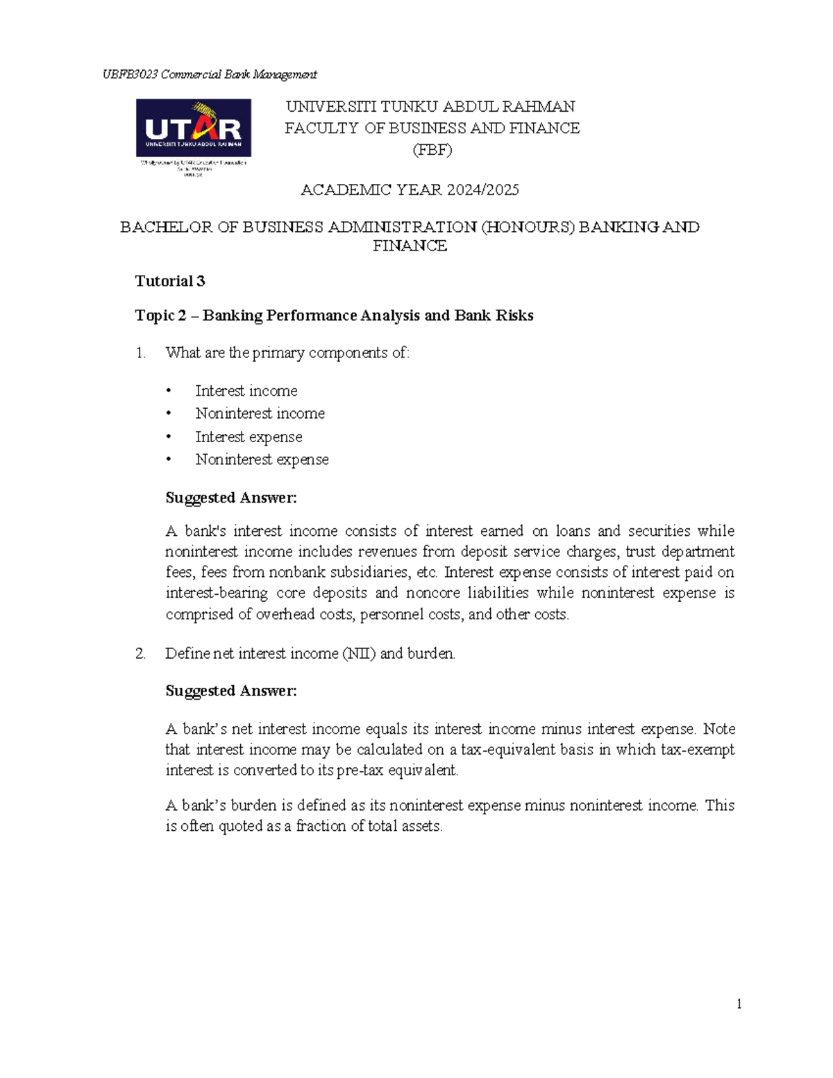 UBFB3023 Tutorial 3: Banking Performance Analysis & Risks - Studocu