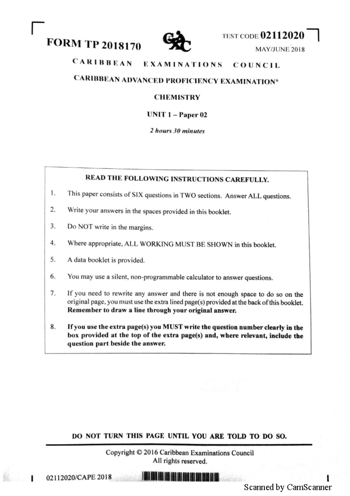 Chemistry 2018 CAPE Unit 1 Paper 02 Exam Guide - Studocu