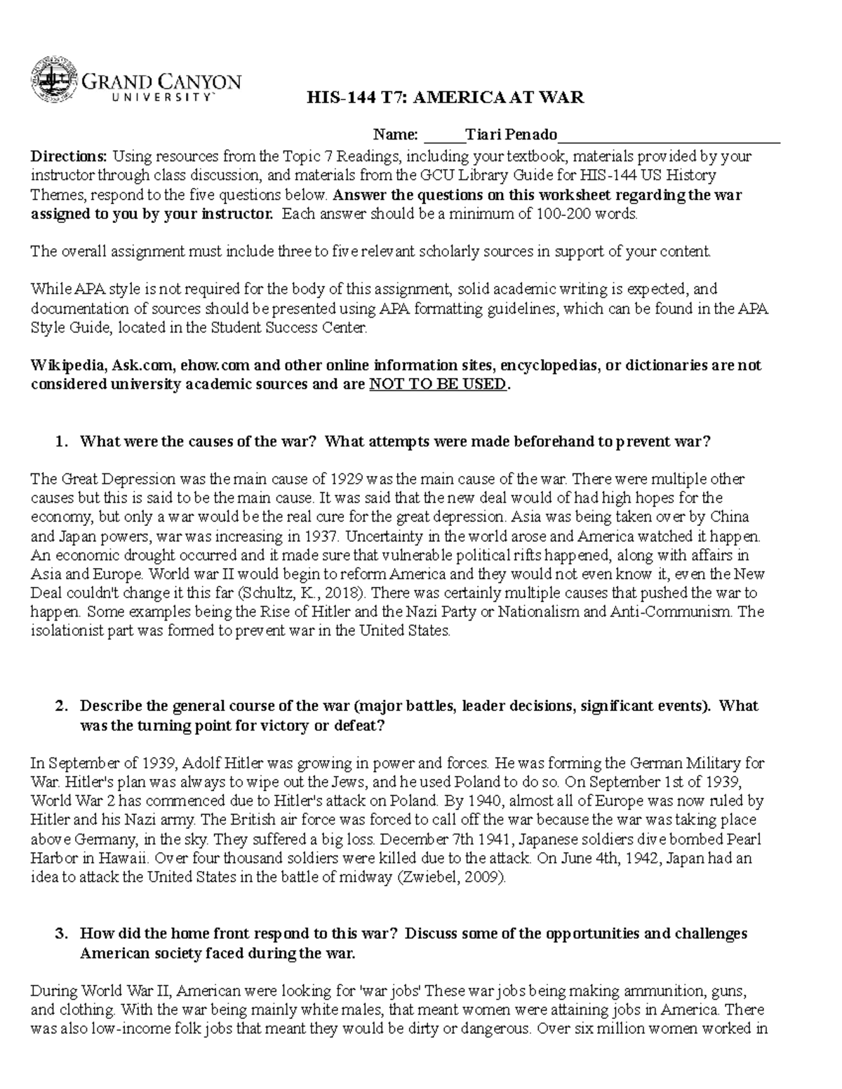 HIS-144-T7: America at War Worksheet Analysis and Insights - Studocu