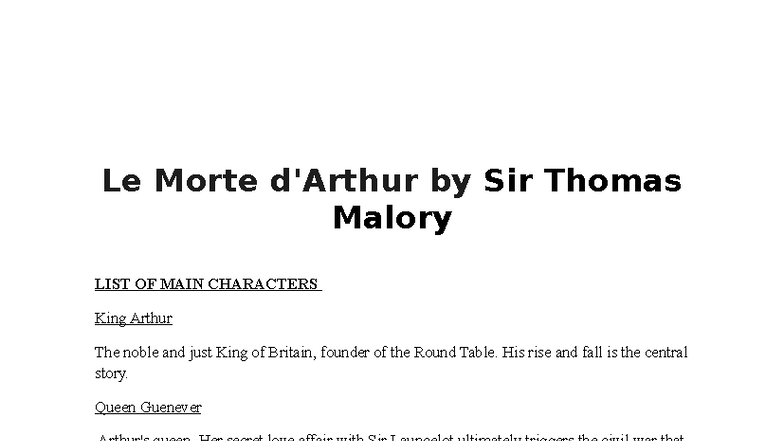 Le Morte d'Arthur: Key Characters and Themes Analysis - Studocu