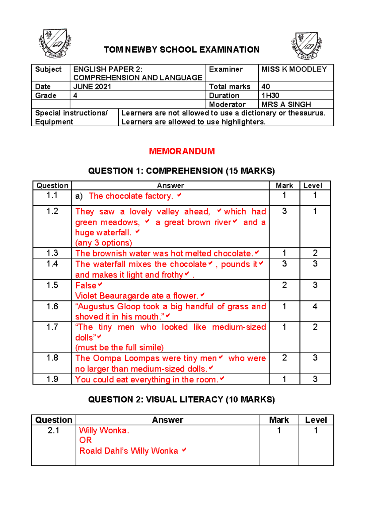Grade 4 English Paper 2 Memorandum June 2021 - Comprehension & Language ...