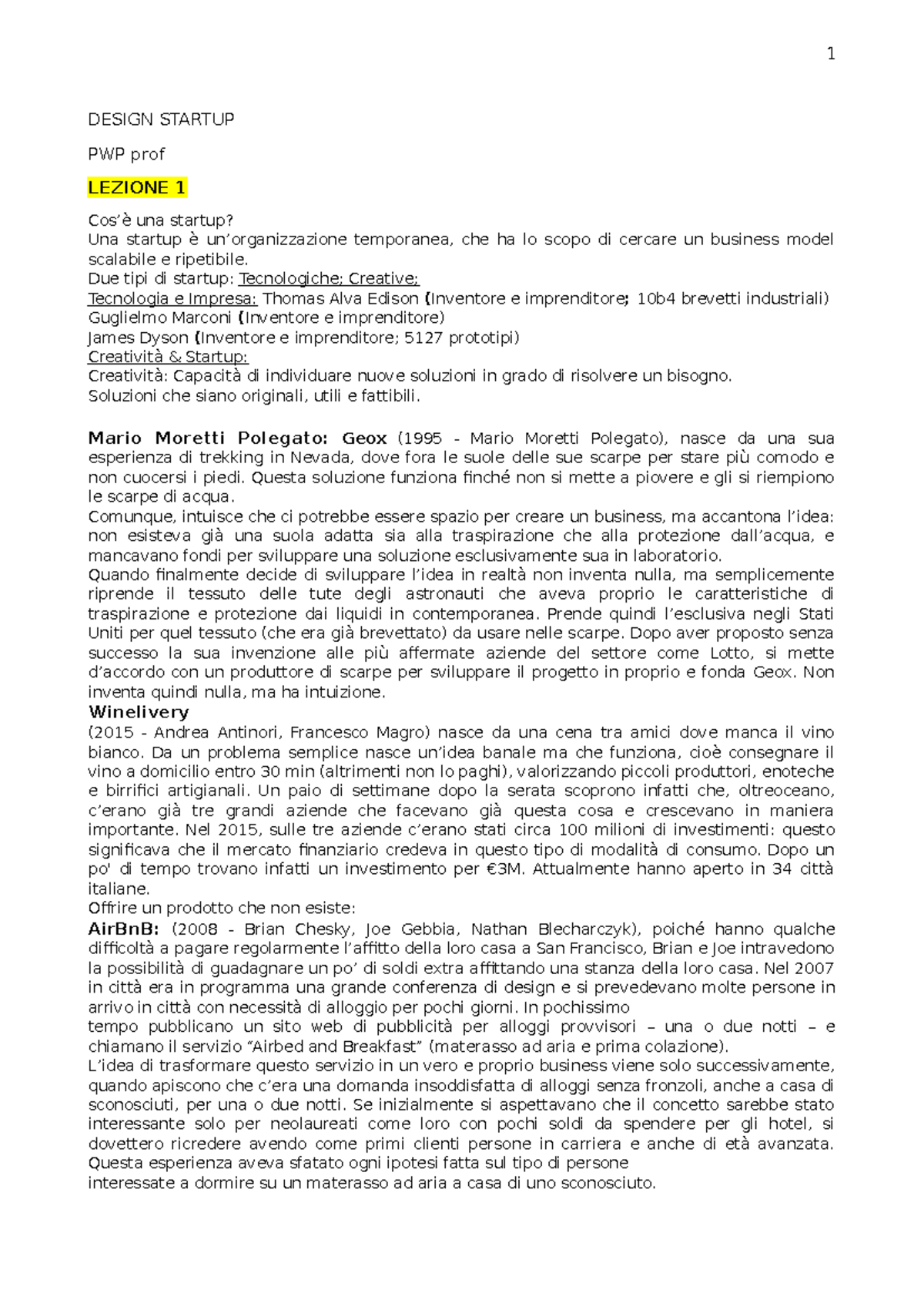 1 DESIGN STARTUP PWP - Appunti Lezione 1: Introduzione alle Startup e ...