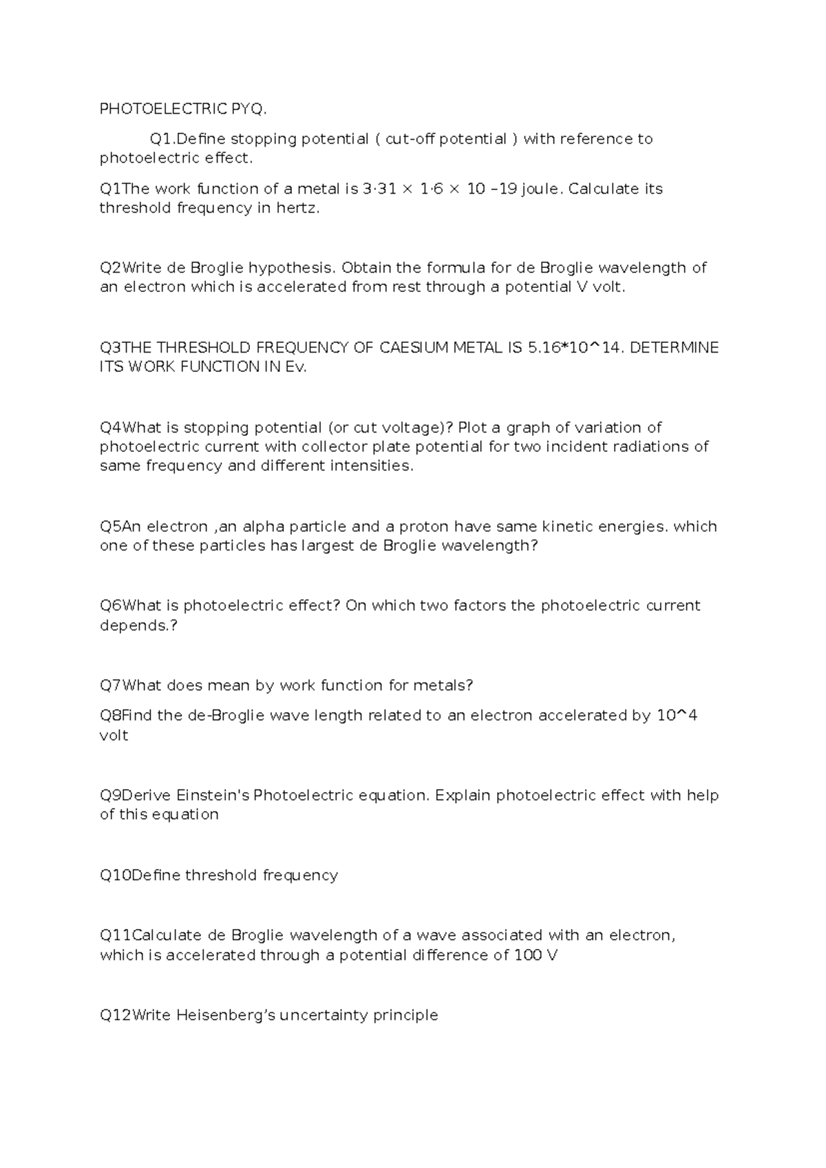Photoelectric PYQ - PYQ - PHOTOELECTRIC PYQ. Q1 stopping potential ...