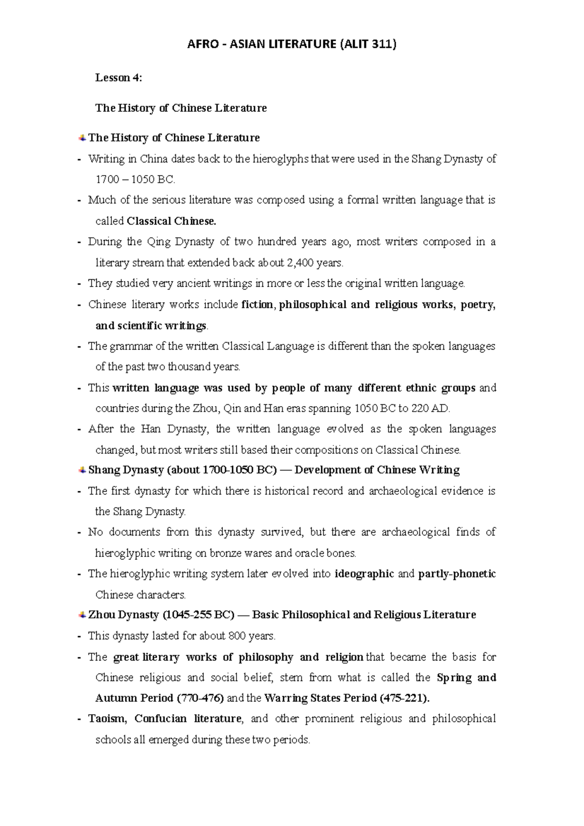 AFRO- Asian Literature - Lesson 4 (Chinese Literature) - Lesson 4: The ...