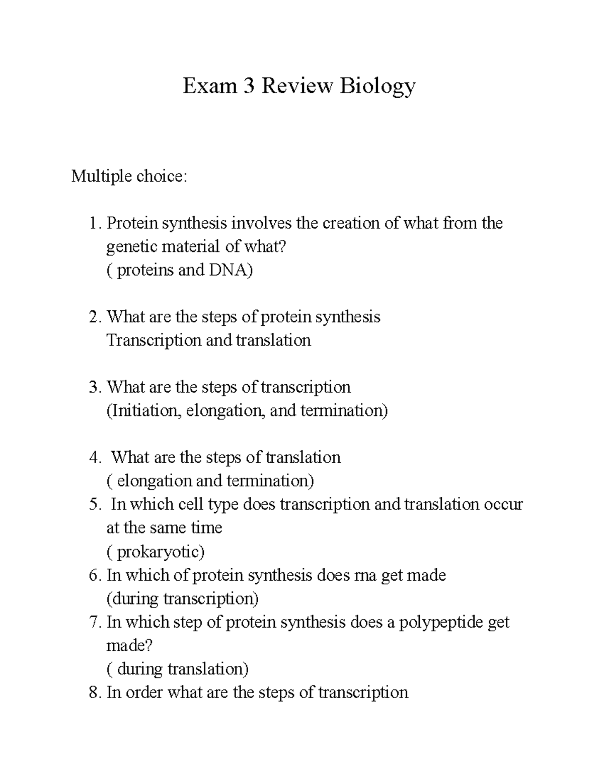 Biology Exam 3 Review: Protein Synthesis & Gene Regulation Concepts ...