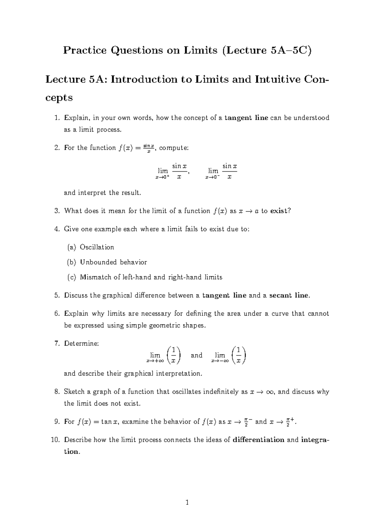 Practice Questions on Limits (MATH 101: Lecture 5A & 5B) - Studocu