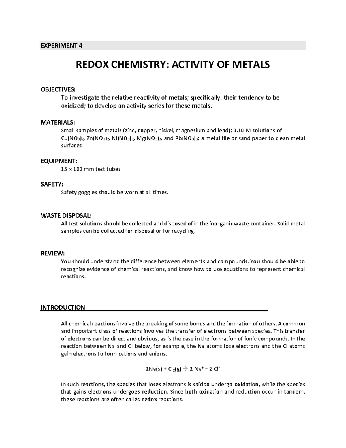 Lab 6 Experiment 4 - Redox Chemistry: Activity of Metals Report - Studocu