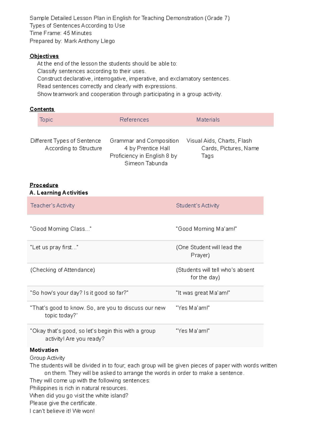 Detailed Lesson Plan: Teaching Sentence Types (Grade 7) - Studocu