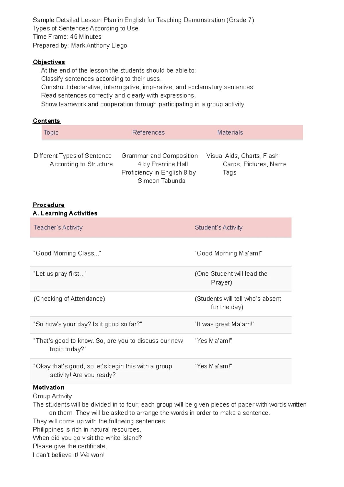 Lesson Plan for demo - Sample Detailed Lesson Plan in English for ...