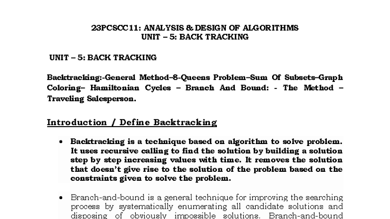 23PCSCC11: Analysis Design of Algorithms - Unit 5: Backtracking ...