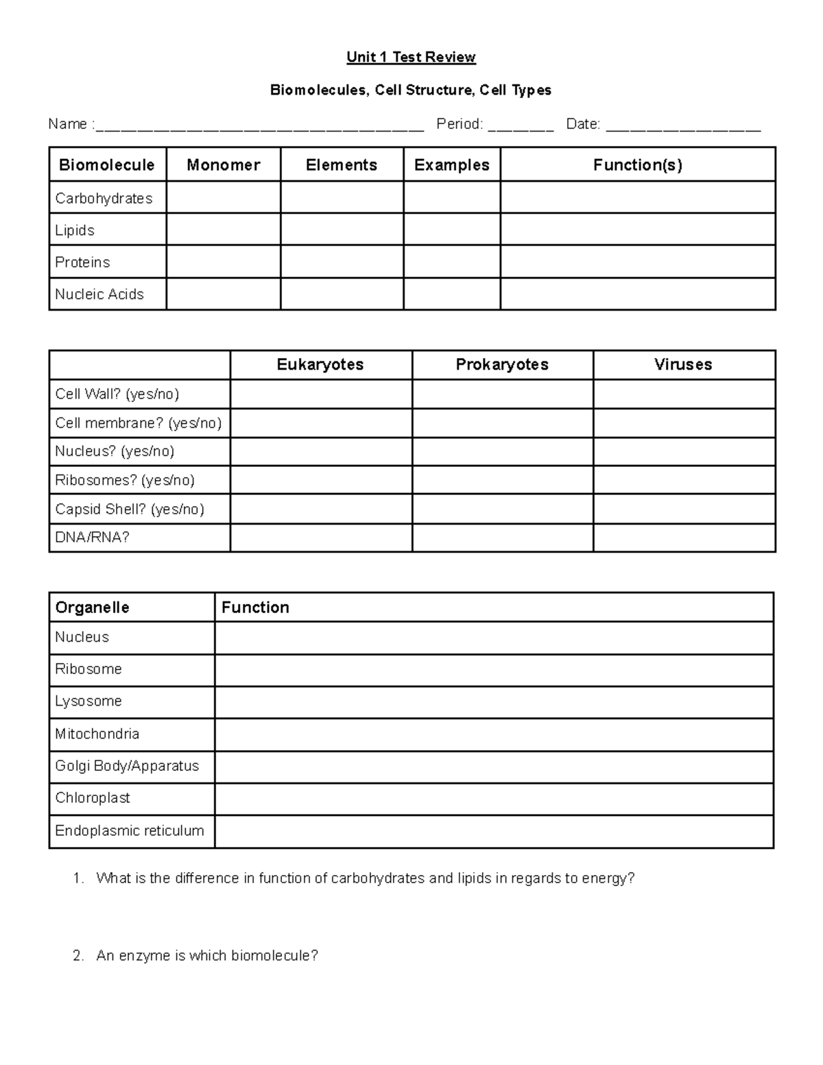 Unit 1 Test Review: Biomolecules, Cell Structure & Types - Studocu