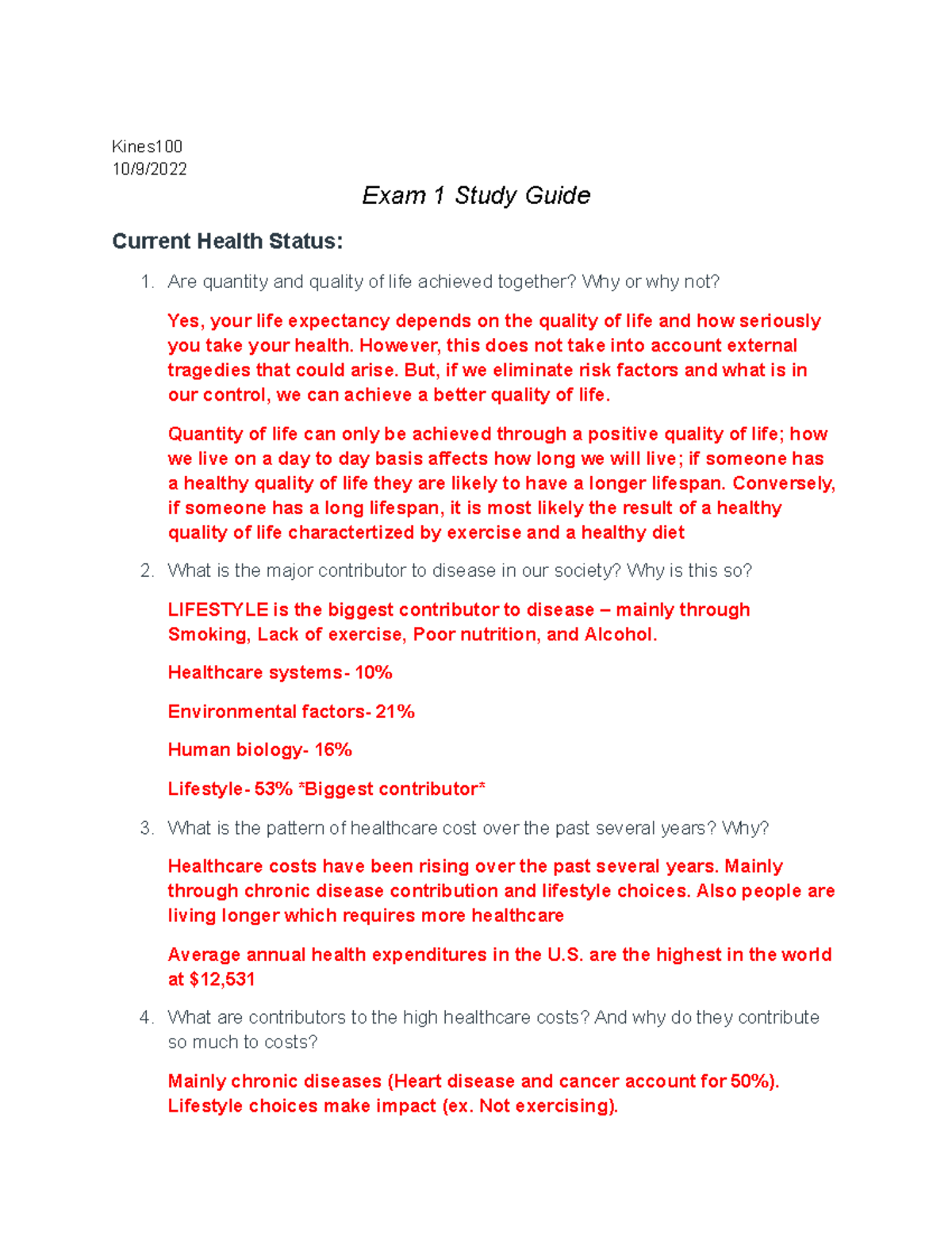 Kines 100 Exam 1 Study Guide - Patrick Burns Kines 10/9/ Exam 1 Study Guide Current Health ...