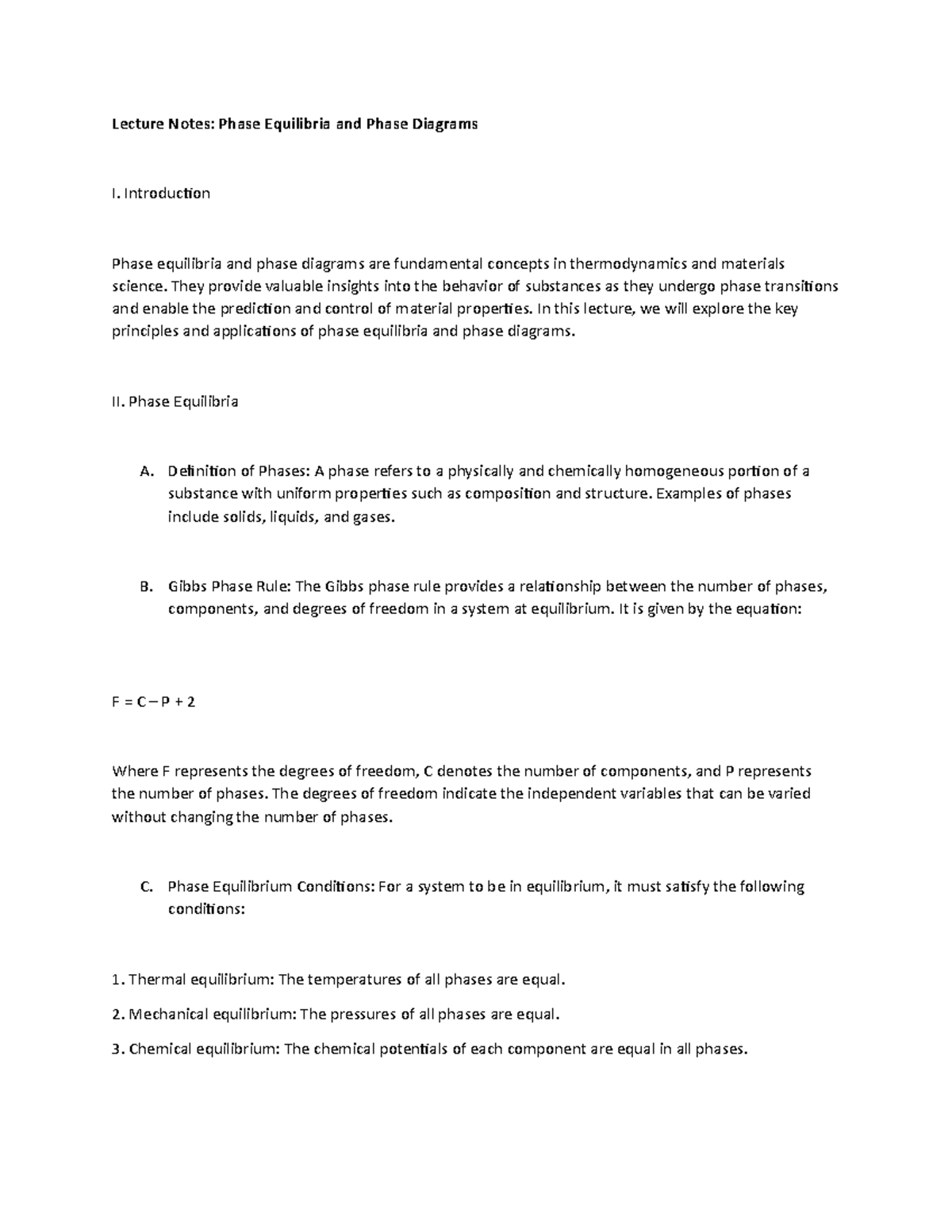 Lecture Notes: Phase Equilibria and Diagrams in Thermodynamics - Studocu